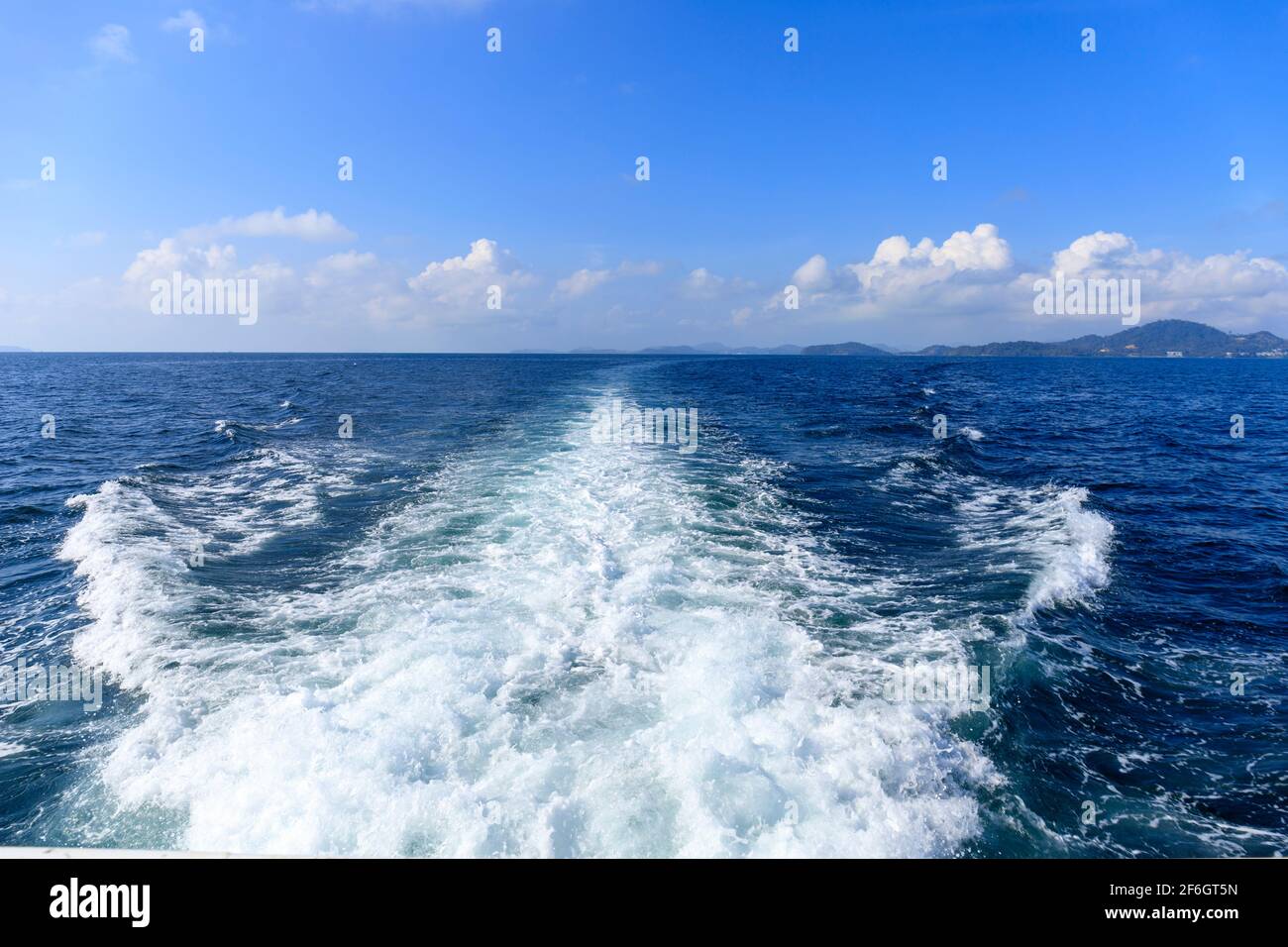 Boat wave ocean trace on blue sea fresh water background. Abstract sea ...