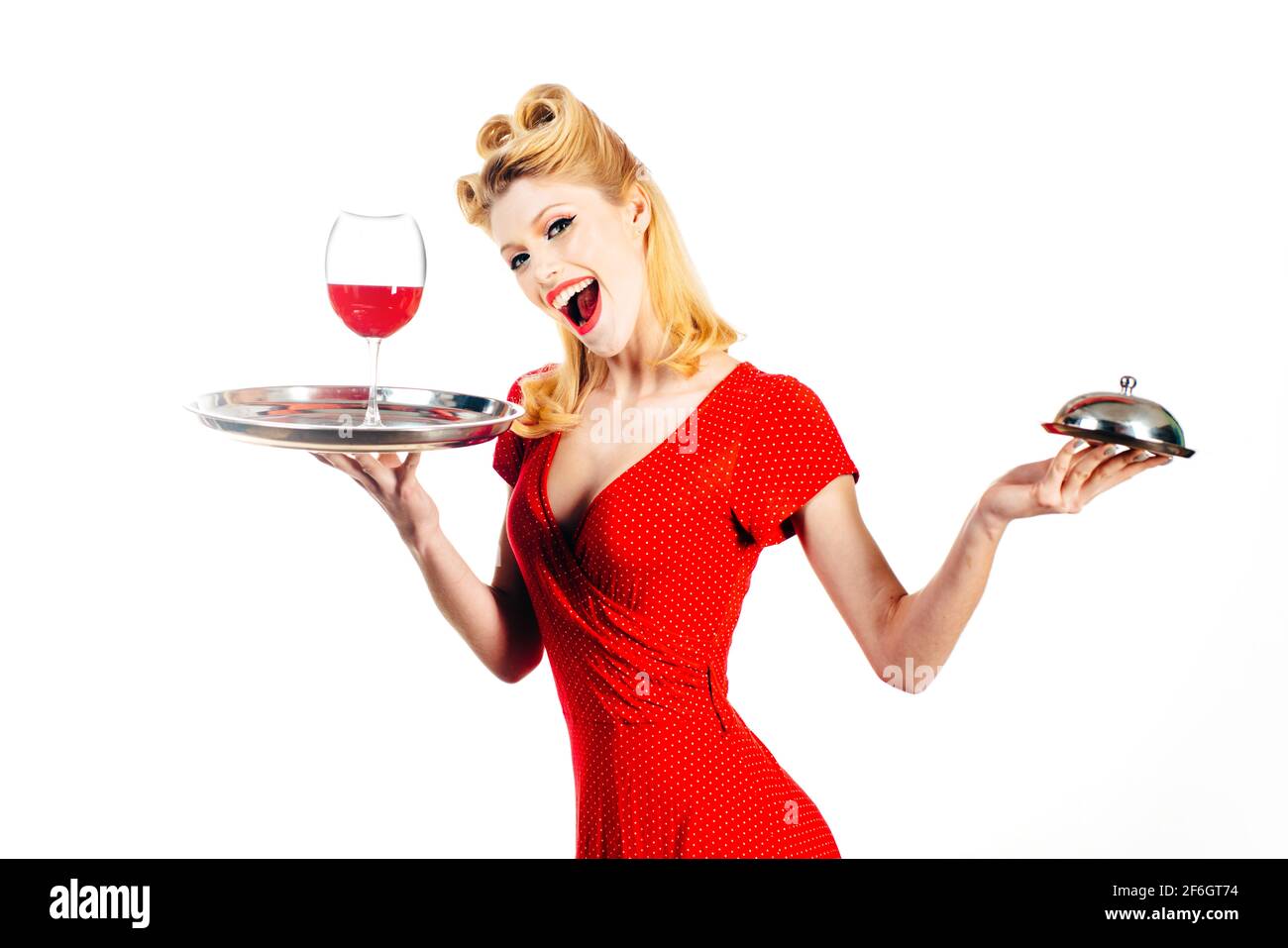 Retro restaurant serving. Pin up girl with wine and service tray Stock ...
