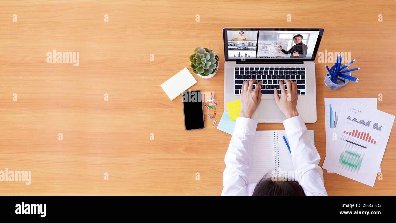 Top view Businessman and businesswoman analysis financial chart with ...