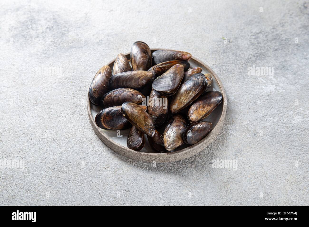 Shellfish raw Mussels on gray plate, gray background. Shellfish seafood ...
