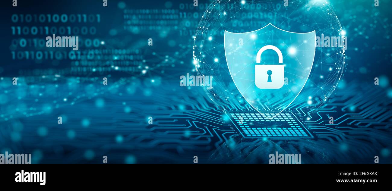 Shield with Padlock icon on Circuit board and Network wireframe with binary code over blue ...