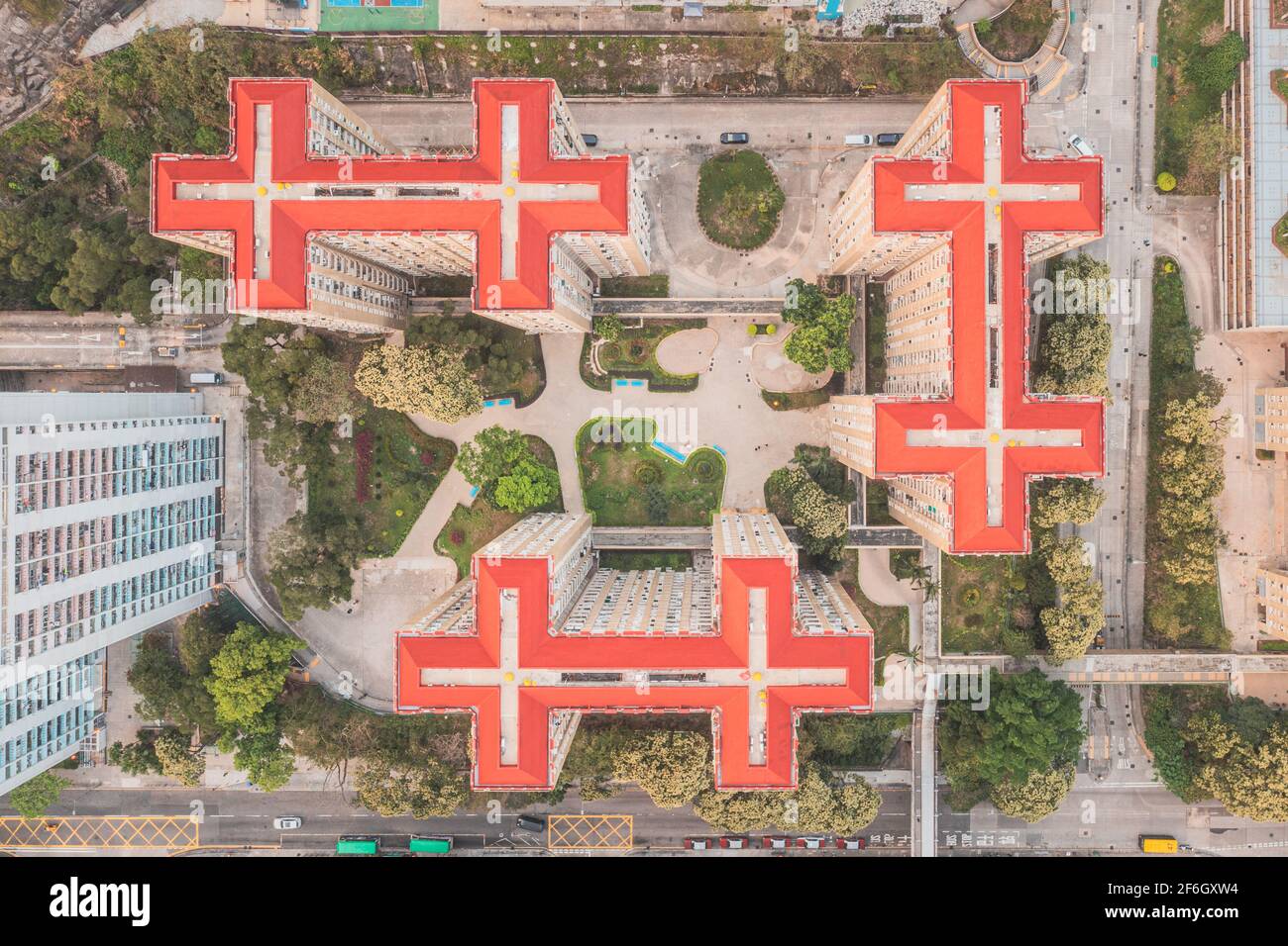 Aerial top view of the building exterior of public housing in Hong Kong ...