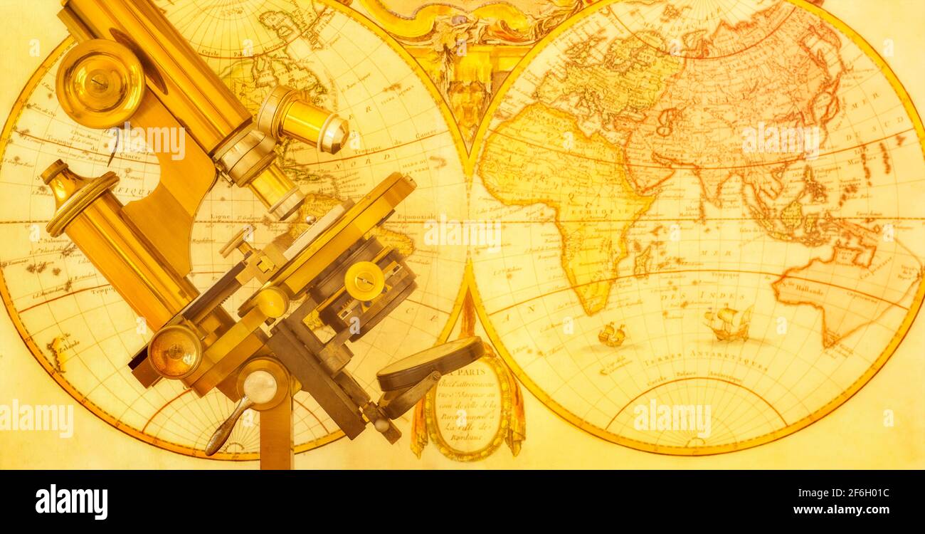 Retro microscope with world map against colored background Stock Photo ...
