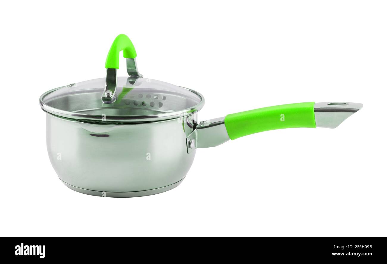 small shiny stainless steel pot with green silicon handle and glass lid ...