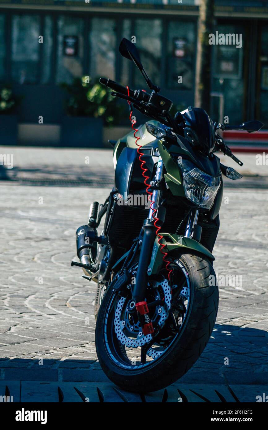Reims France March 31, 2021 Closeup of a Kawasaki 650 cc motorcycle ...