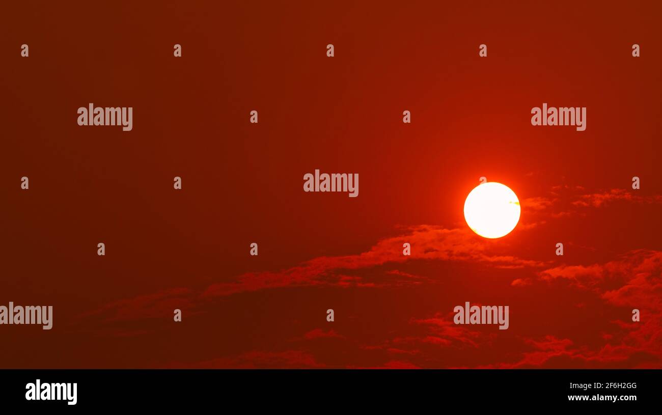Round big sun and red sunset sky in the evening with space for ...