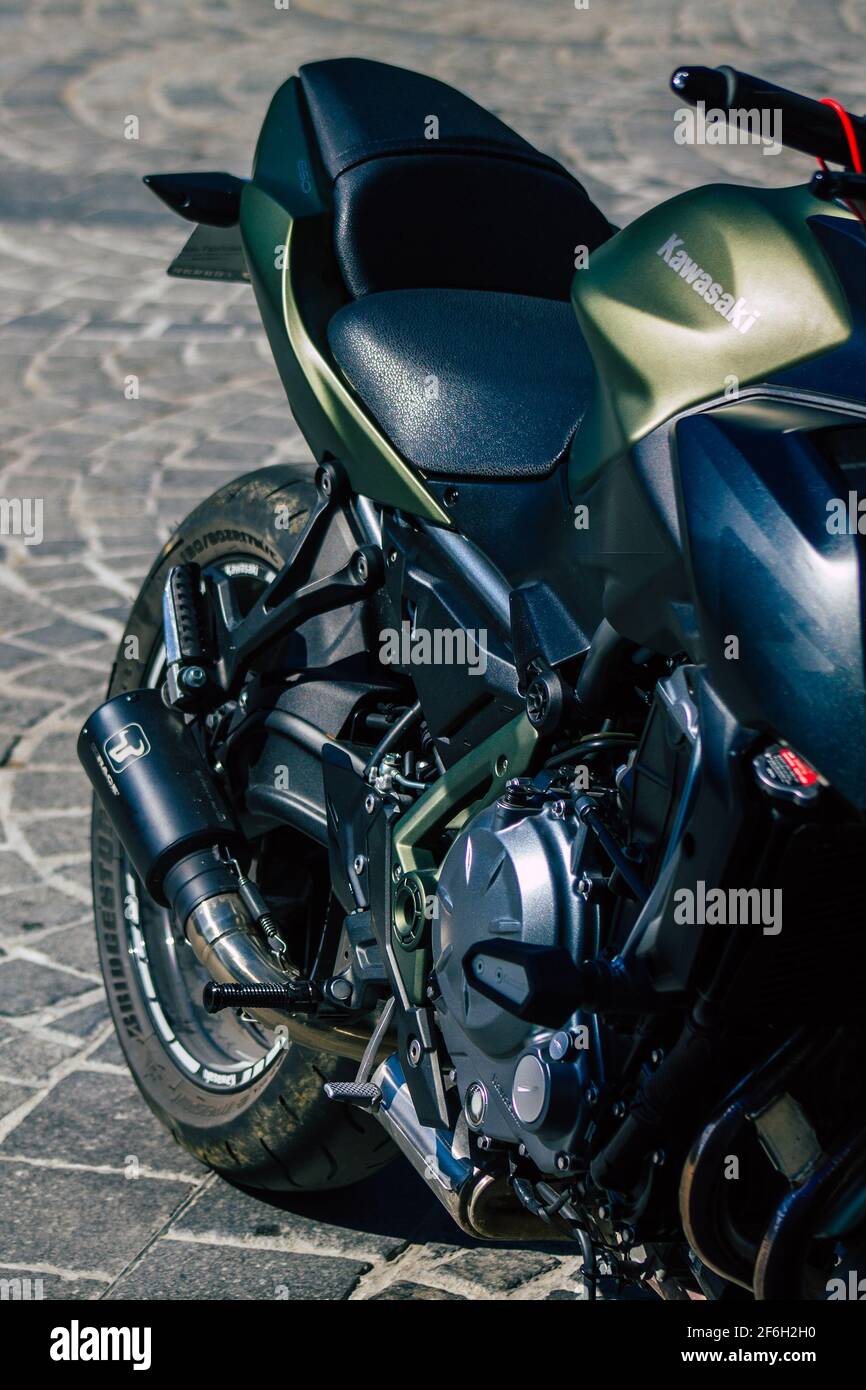 Reims France March 31, 2021 Closeup of a Kawasaki 650 cc motorcycle ...