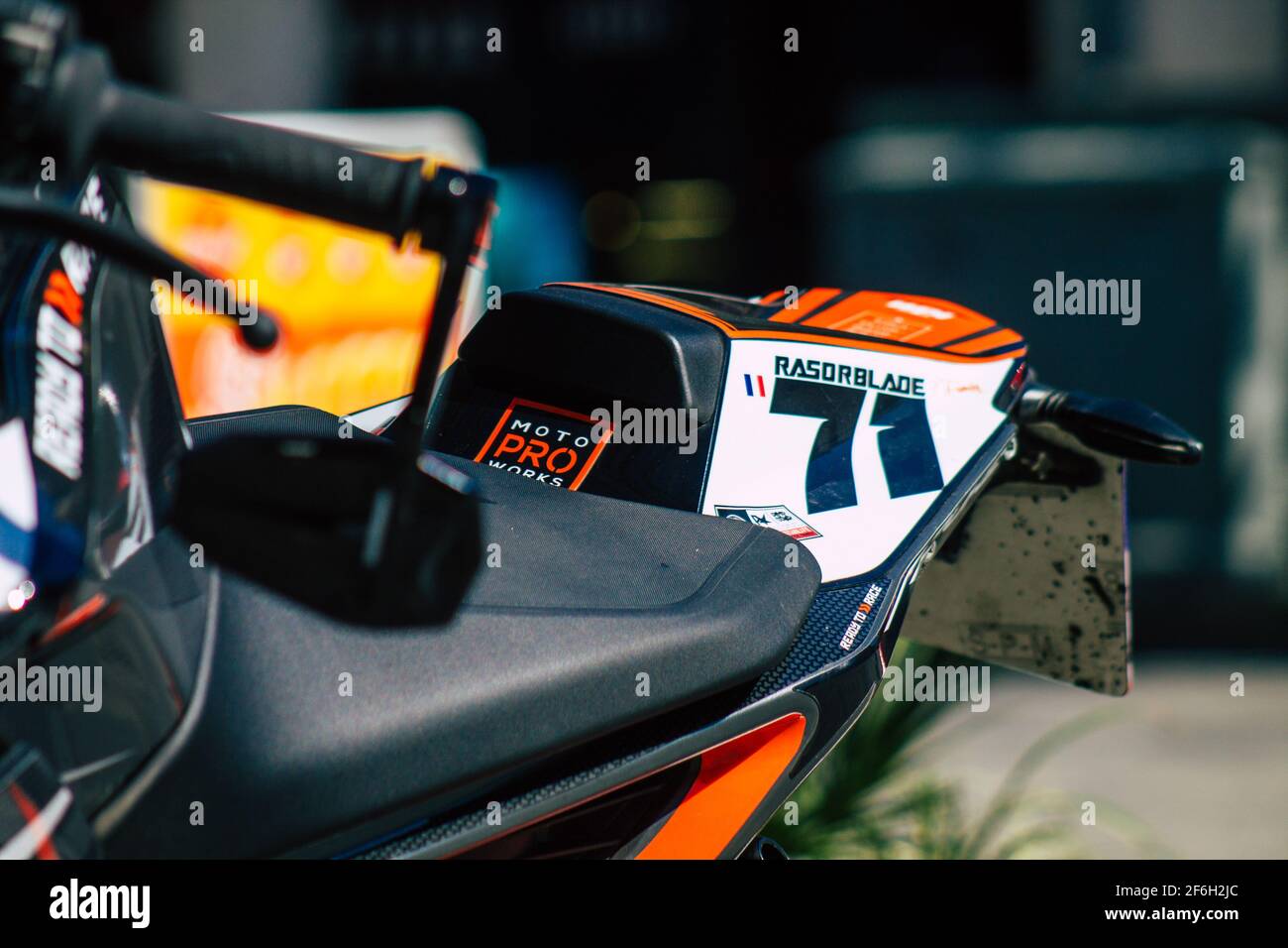 Reims France March 31, 2021 Closeup of a KTM 190 JUKE motorcycle parked ...