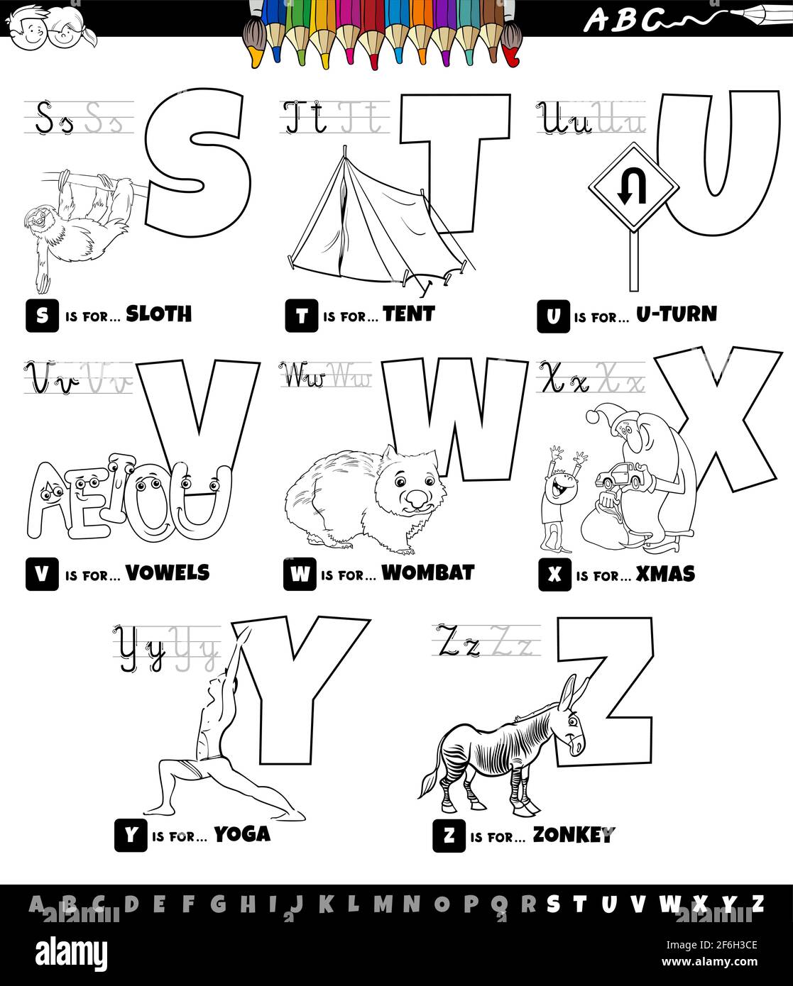 Black and white cartoon illustration of capital letters alphabet ...