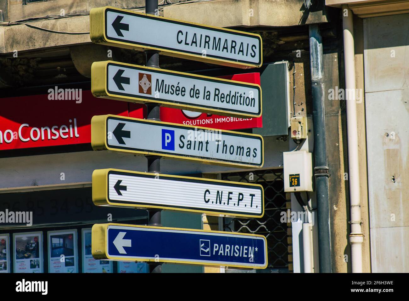 Reims France March 31, 2021 Street sign or road sign, erected at the ...