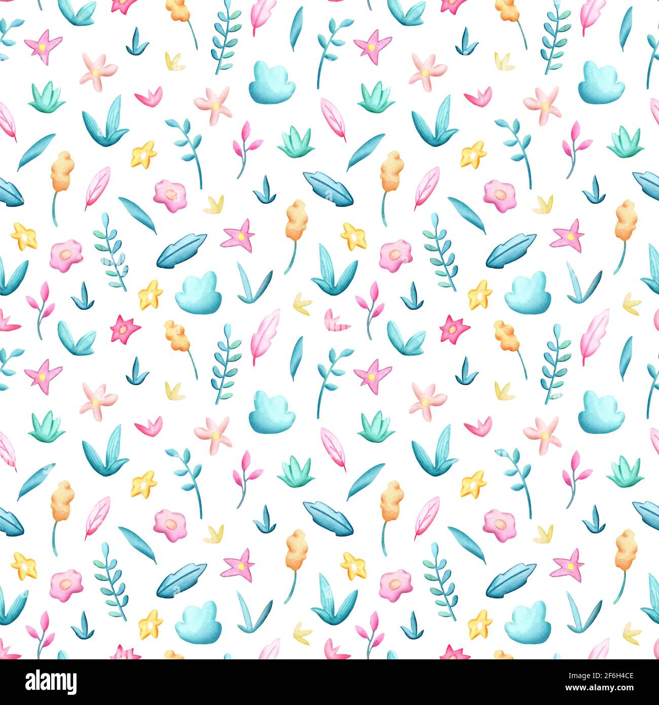 Spring flowers and leaves seamless pattern square tile on white ...