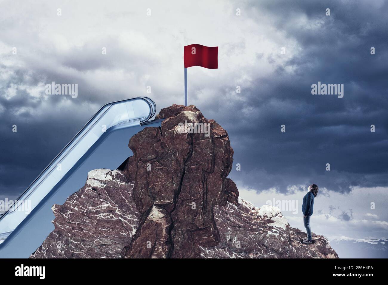 Young woman looks up to the red flag . Work smarter not harder concept ...