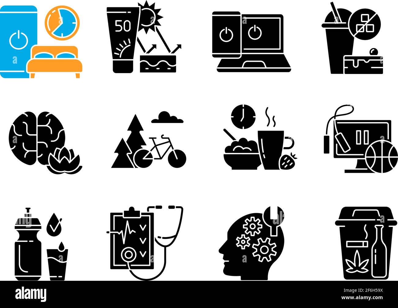 Healthy activity black glyph icons set on white space Stock Vector ...
