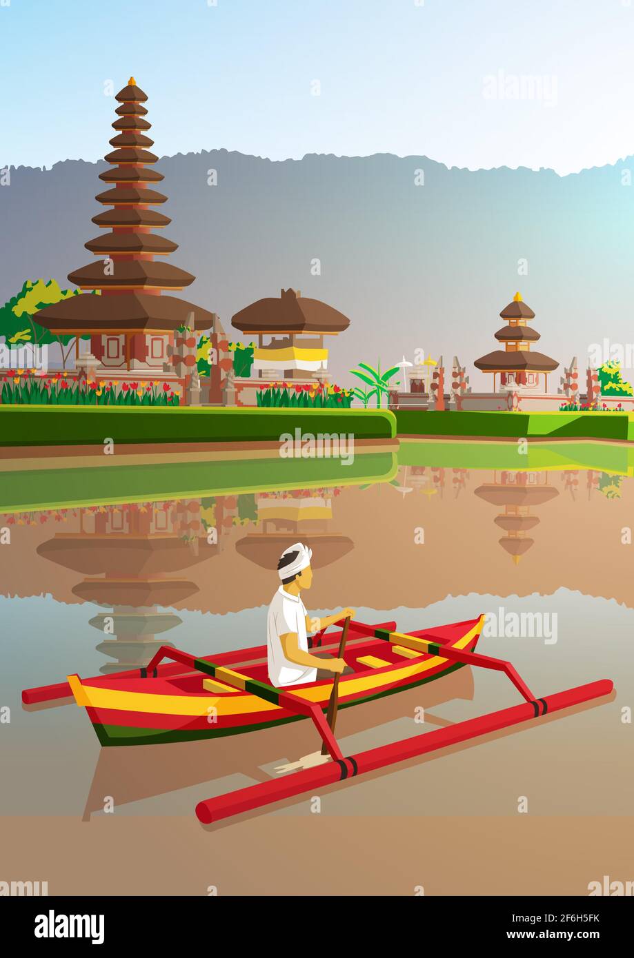 Ulun danu temple with balinese man ride traditional boat at bali ...