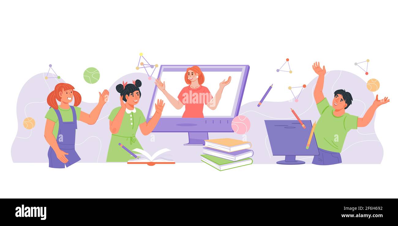 Children online distance education banner with cute children and ...