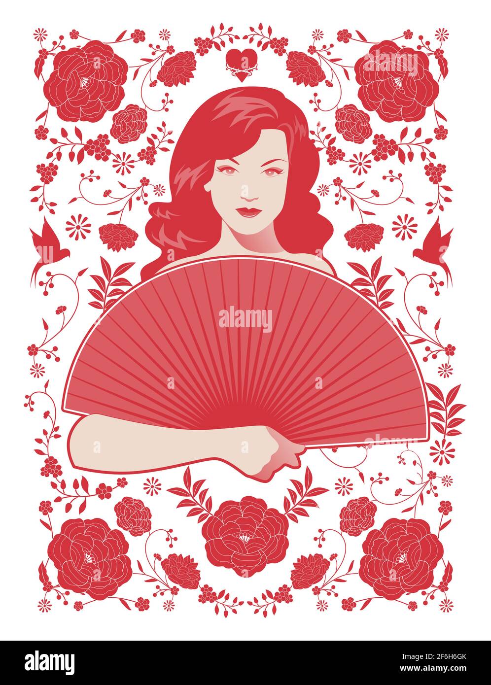 Beautiful retro style woman holding a fan, surrounded by floral frame ...