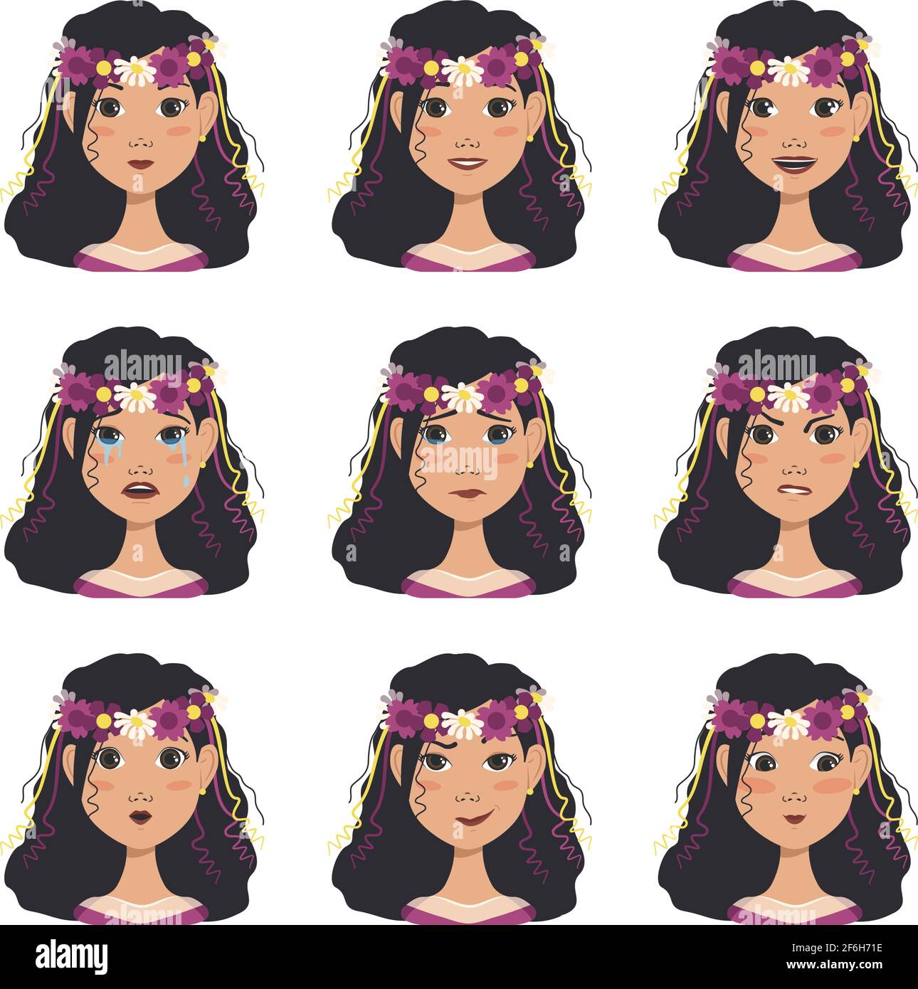 A set of woman avatars with different emotions. Girl with spring or ...