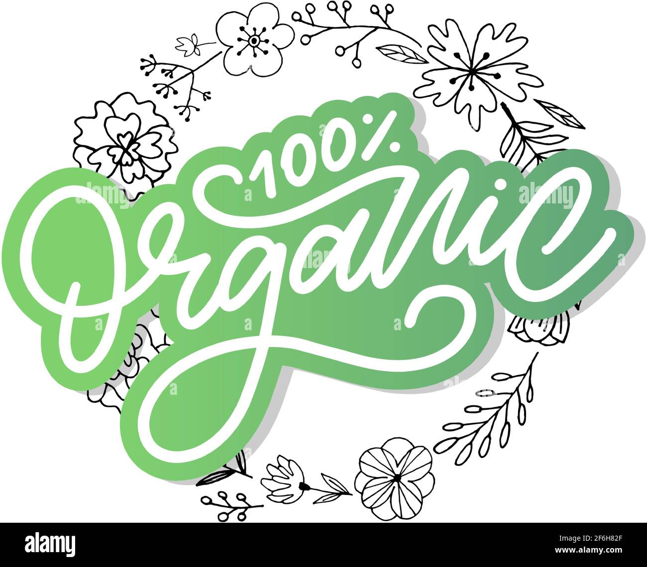 Organic brush lettering. Hand drawn word organic with green leaves ...