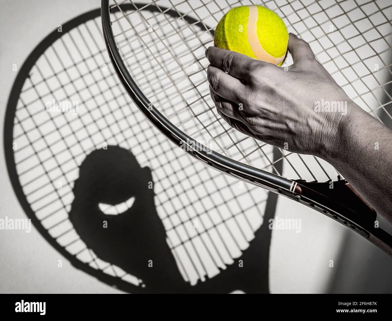 A person with a tennis ball in his hand and a tennis racket cast a ...