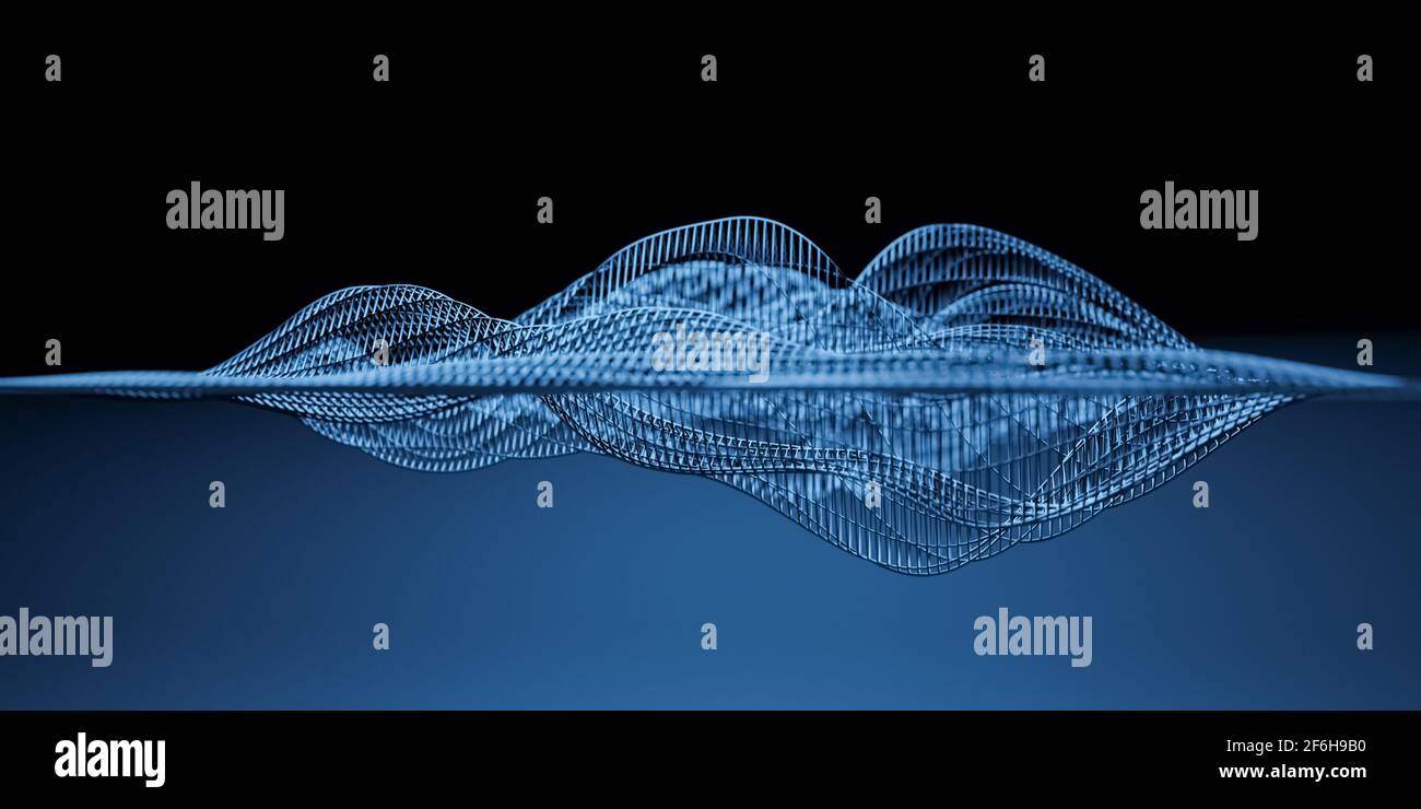 Audio Waves Or Sound Waves Visualization As Floating 3d Cgi Grid Or Wireframe Mesh Structure