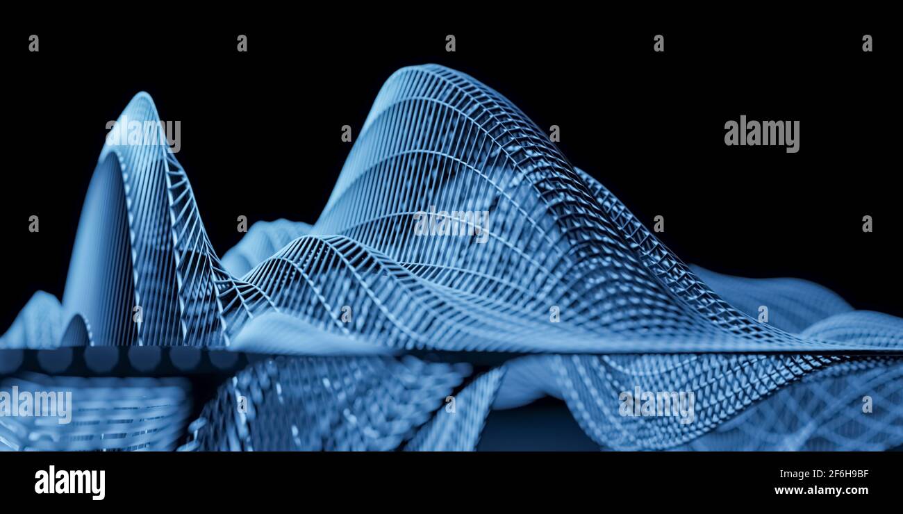 Audio waves or sound waves, visualization as floating 3D CGI grid or ...