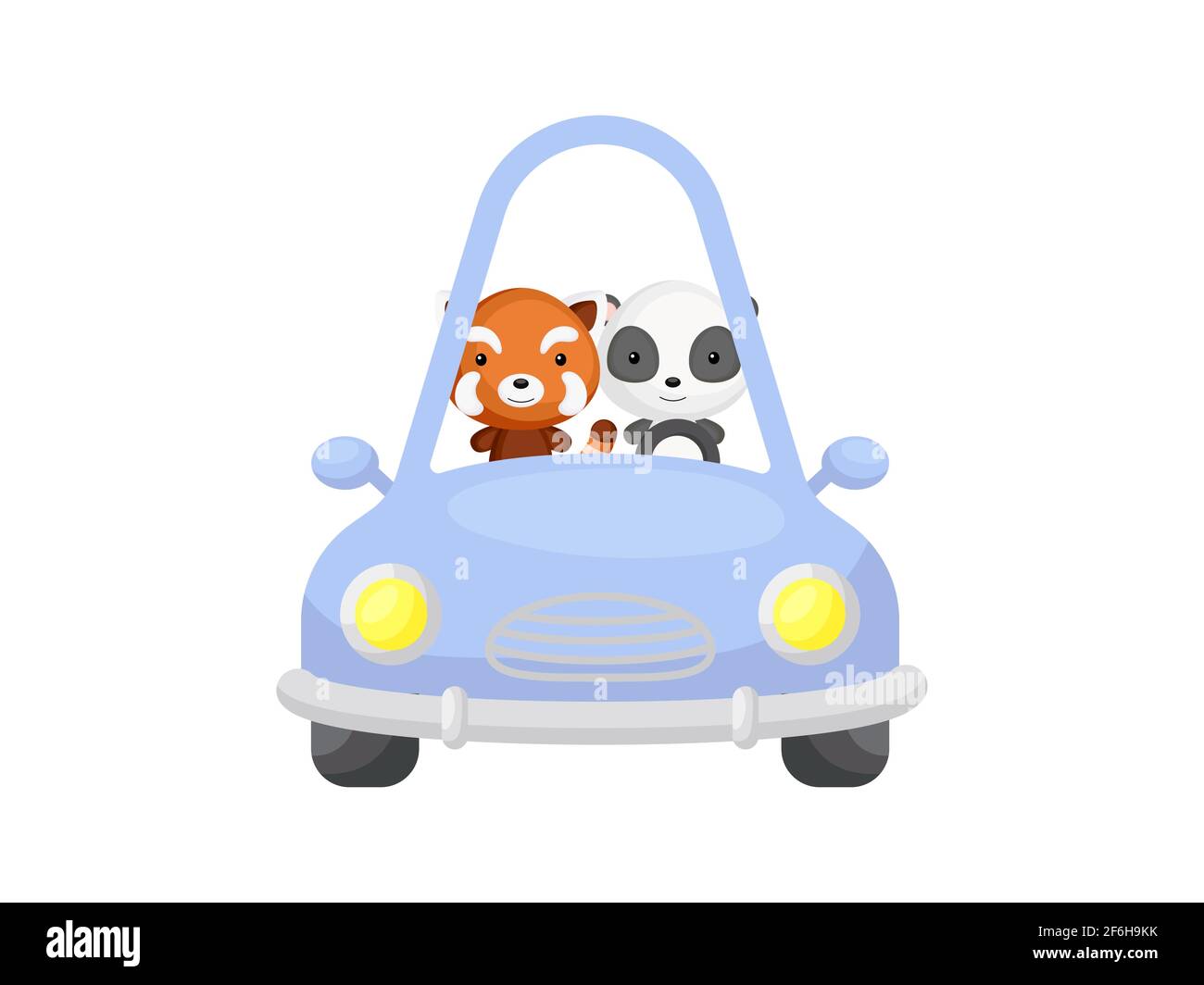 Cute little red panda and panda driving blue car. Cartoon character for ...