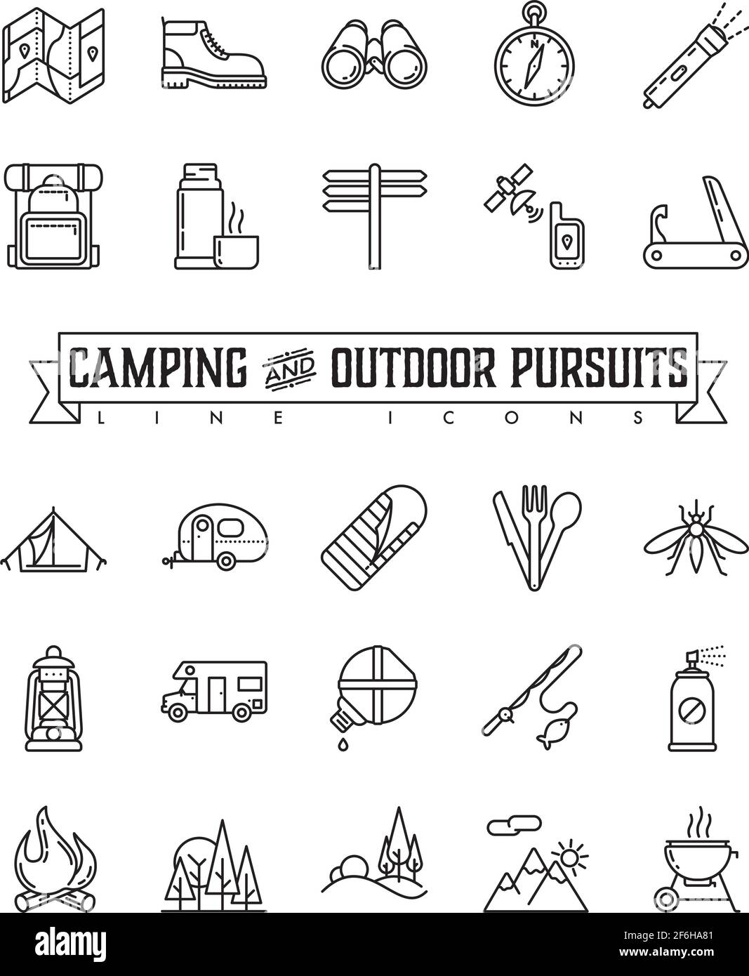 Camping and outdoor pursuits vector line icons collection. Set of 25 ...