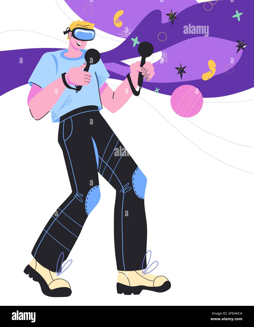 Enthusiastic man in virtual reality headset, surrounded with abstract ...