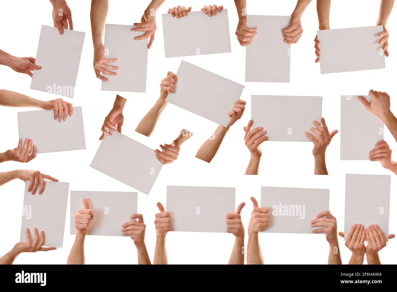 Set of two hands in different positions holding a white sheet a4 with ...