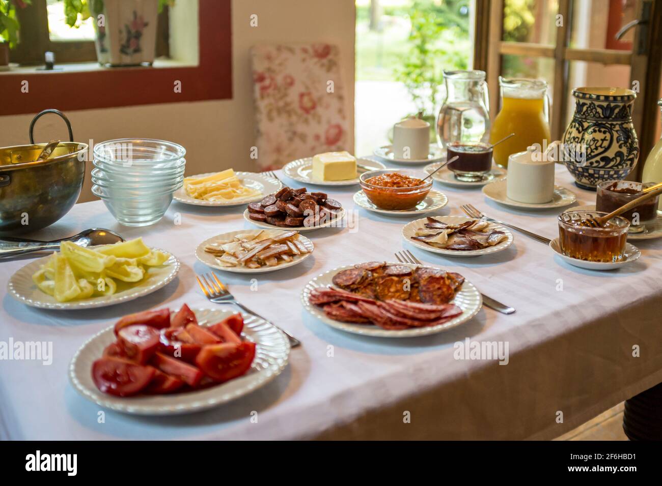 Traditional food for breakfast of meats, cheeses, and vegetables in ...