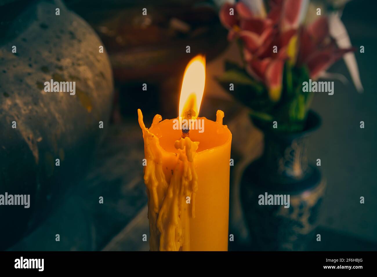 Large Yellow Candle and Fire with Flower Background in Vintage Tone ...