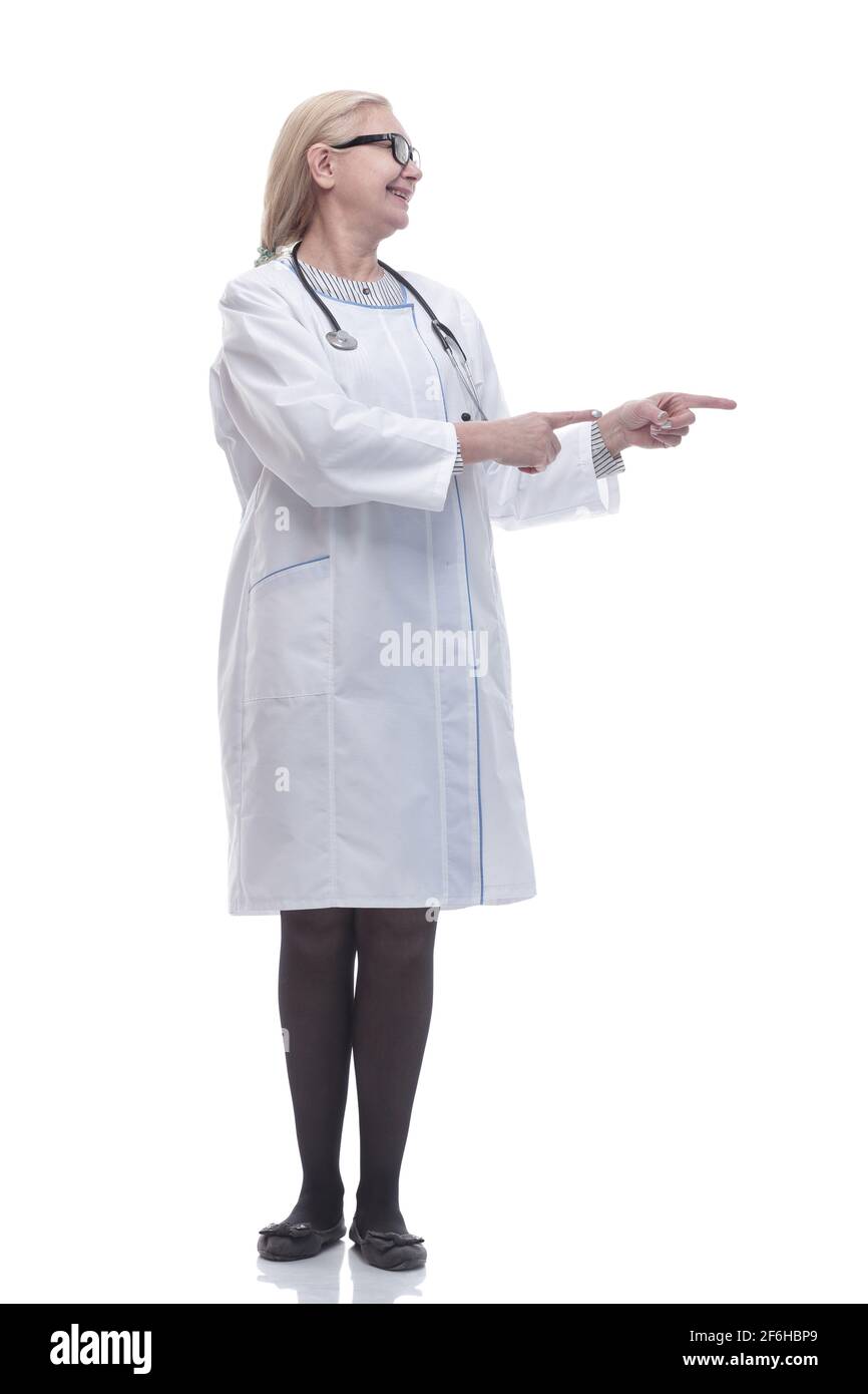in full growth. smiling doctor pointing in the right direction Stock ...