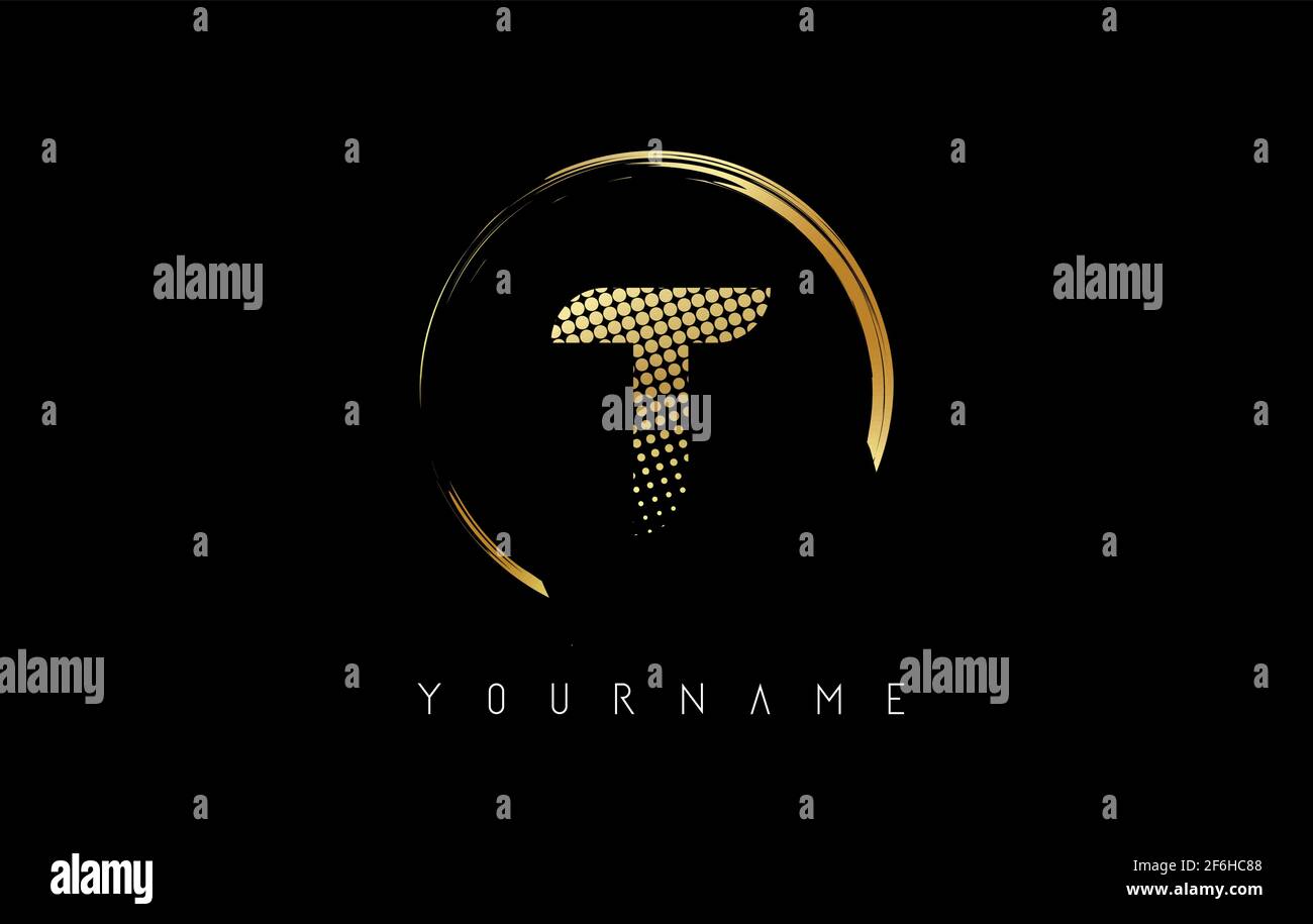 Golden T letter logo design with golden dots and circle frame on black ...