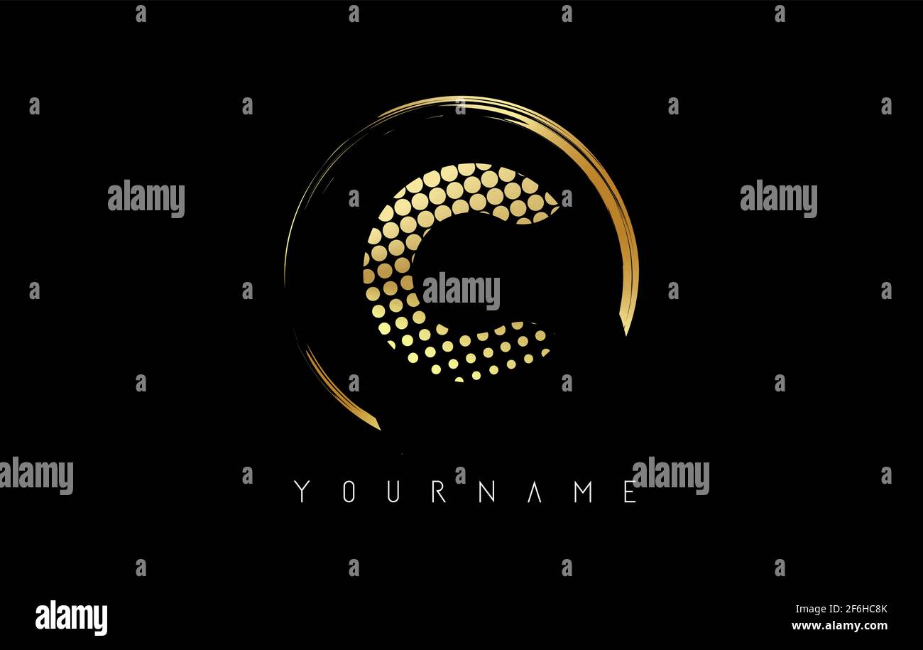 Golden C letter logo design with golden dots and circle frame on black ...