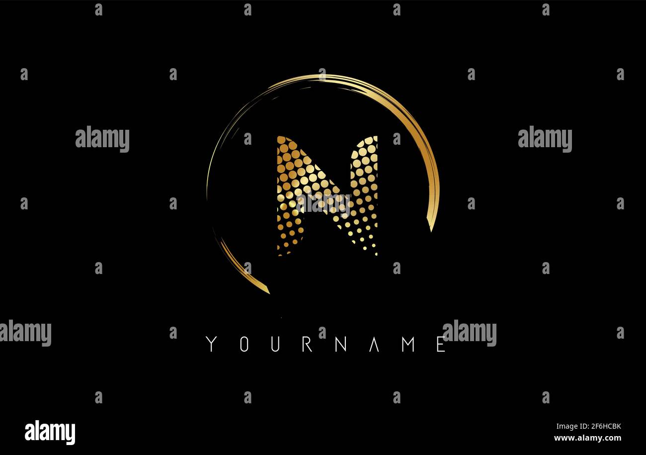 Golden N letter logo design with golden dots and circle frame on black ...
