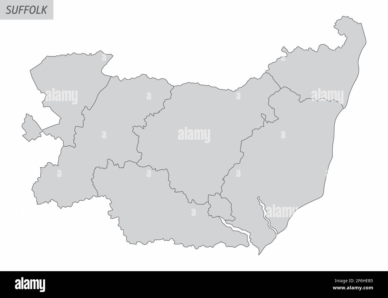 The Suffolk county isolated map divided in districts, England Stock ...