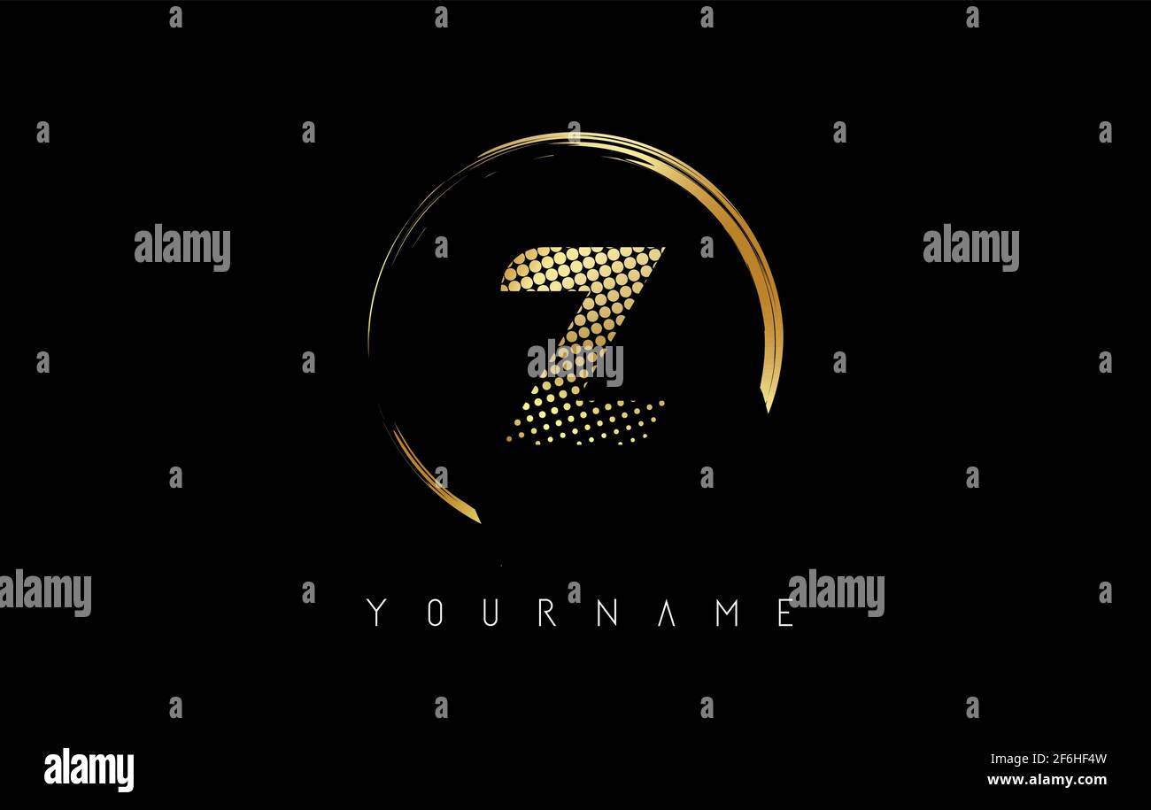 Golden Z letter logo design with golden dots and circle frame on black ...