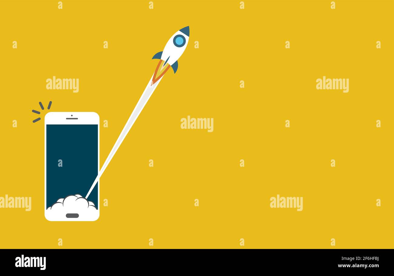 Startup vector concept on smartphone, flat cartoon rocket launch, idea ...