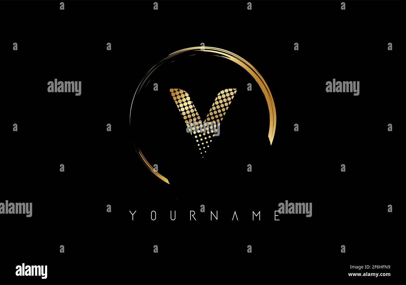 Golden V letter logo design with golden dots and circle frame on black ...