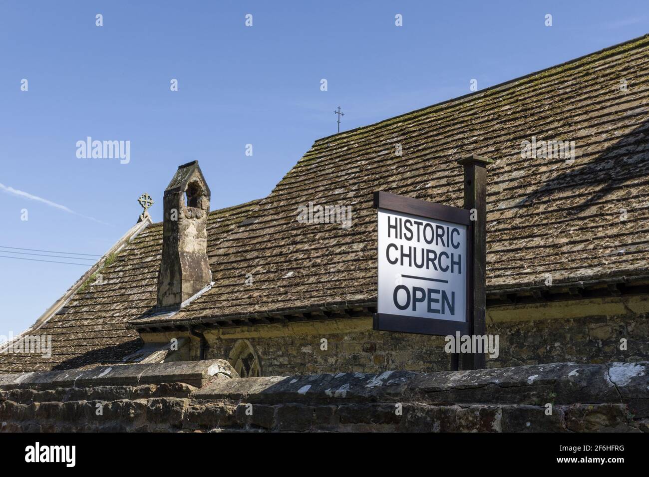 Historic church open sign, St Oswald in the village of Oswaldkirk ...