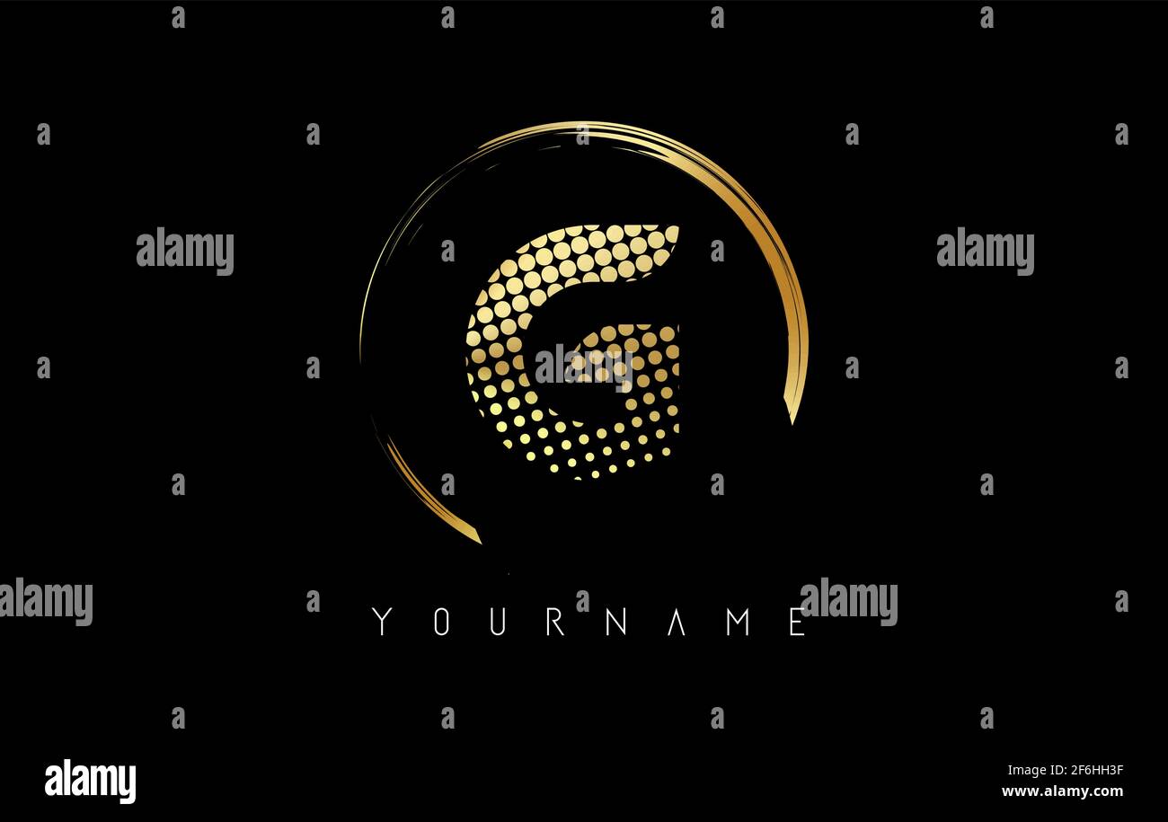 Golden G letter logo design with golden dots and circle frame on black ...