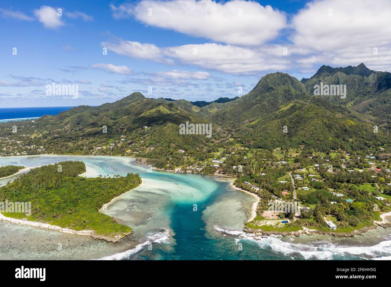 Stunning aerial view of the Muri beach and lagoon, in Rarotonga in the ...