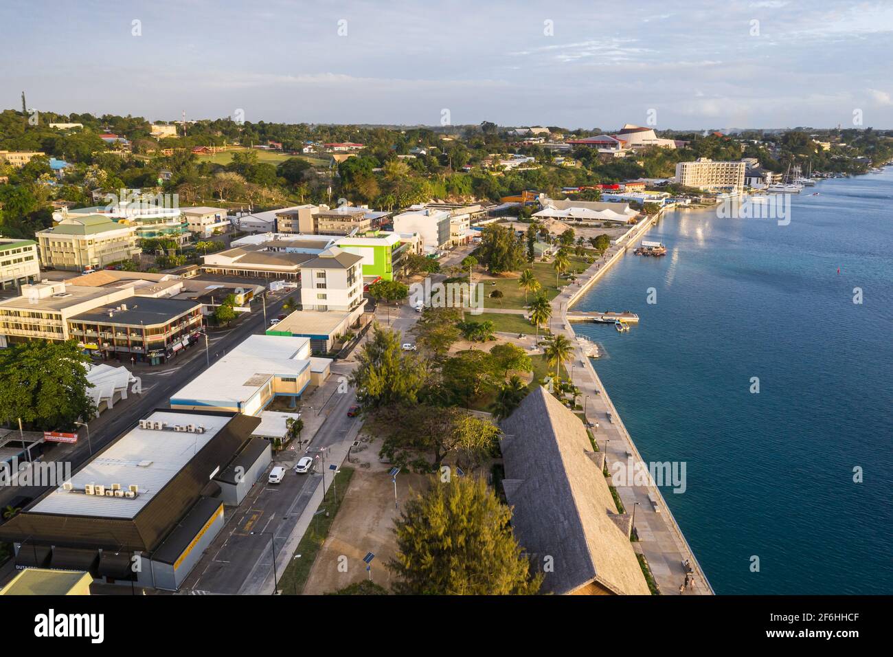 Aerial view of the sunset over the Port Vila seafront, Vanuatu capital ...