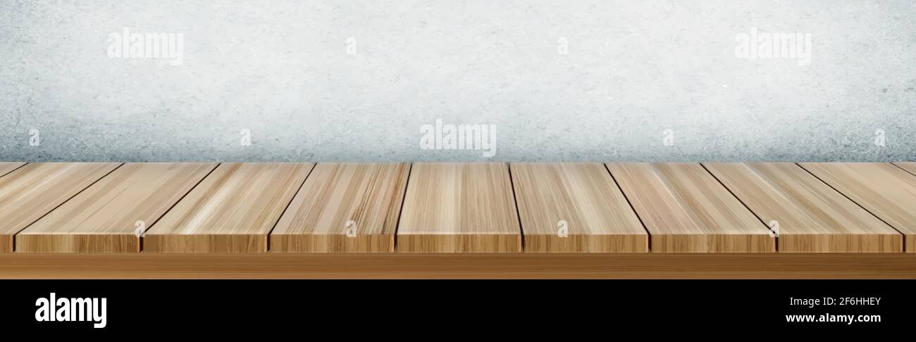 Realistic wooden table on the background of a gray old wall - Vector ...