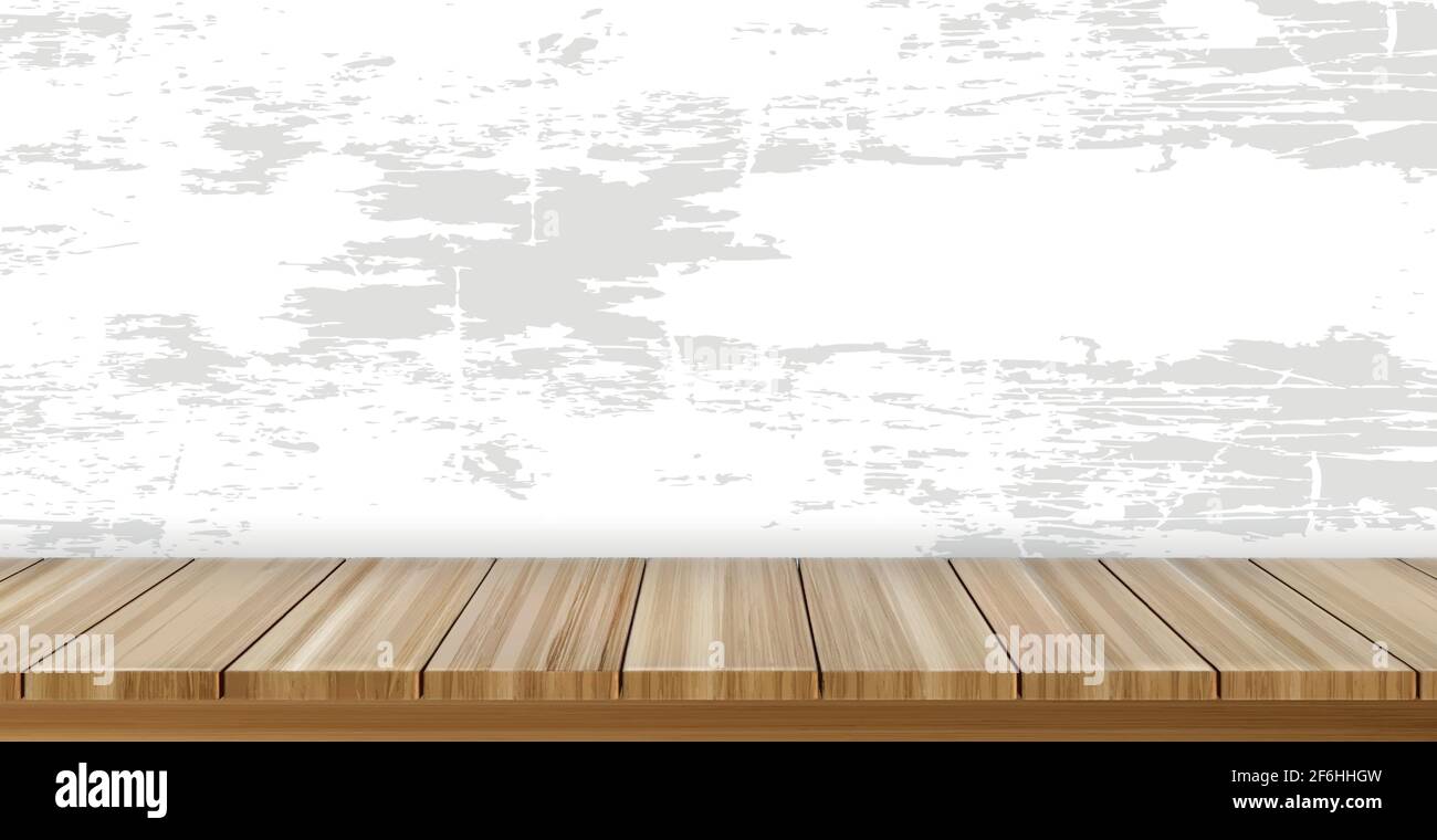 Realistic wooden table on the background of a gray old wall - Vector ...
