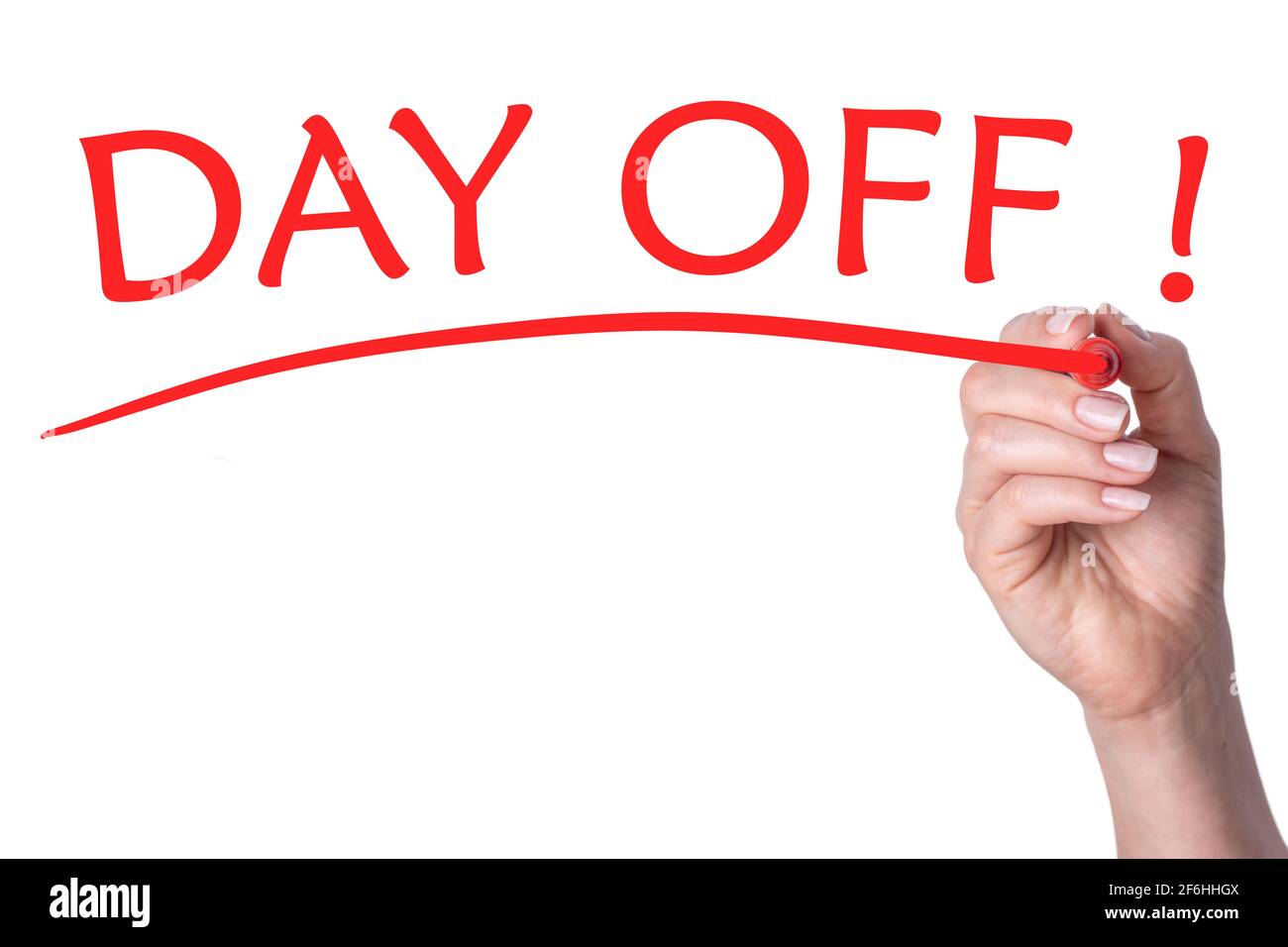 Hand writes words day off with red marker on transparent white ...