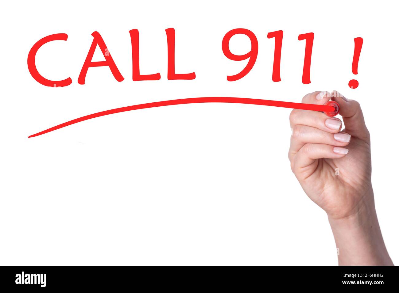 Hand writes word call 911 with red marker on transparent white ...