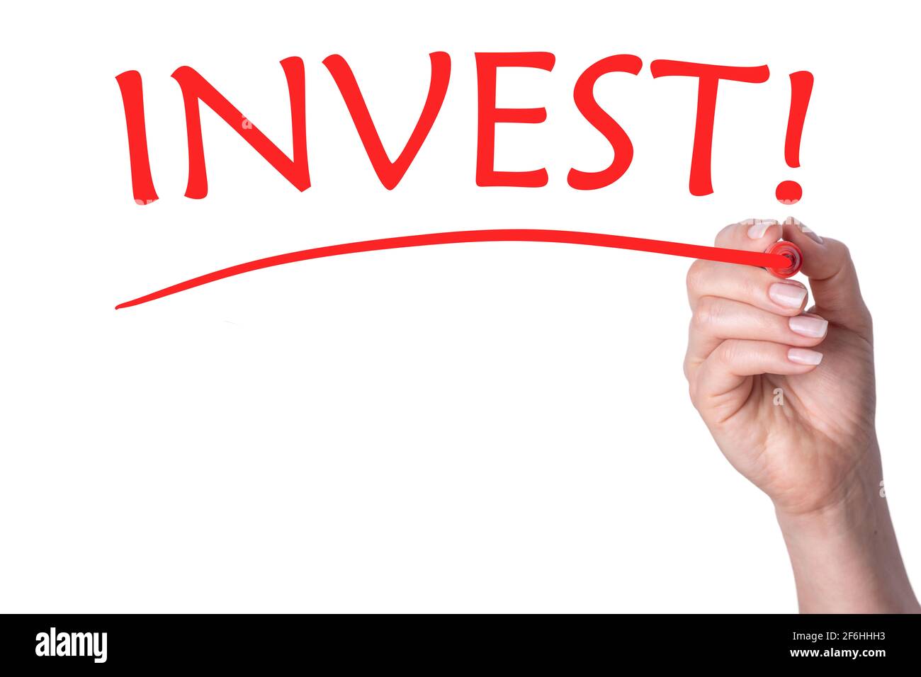 Hand writes word invest with red marker on transparent white background ...