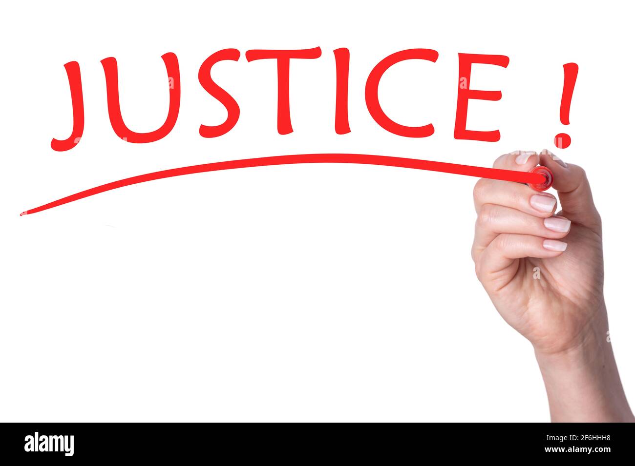 Hand writes word justice with red marker on transparent white ...