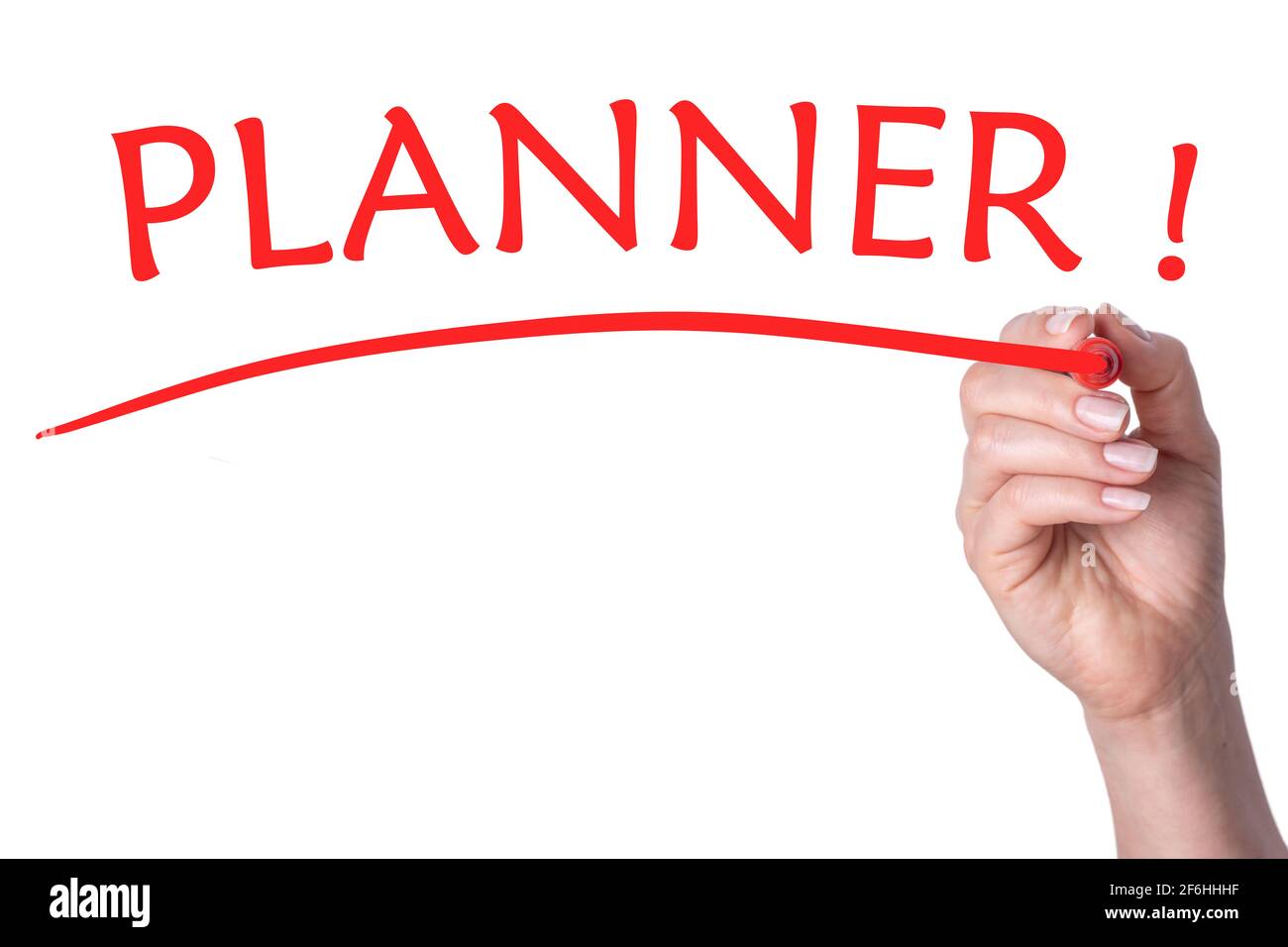 Hand writes word planner with red marker on transparent white ...